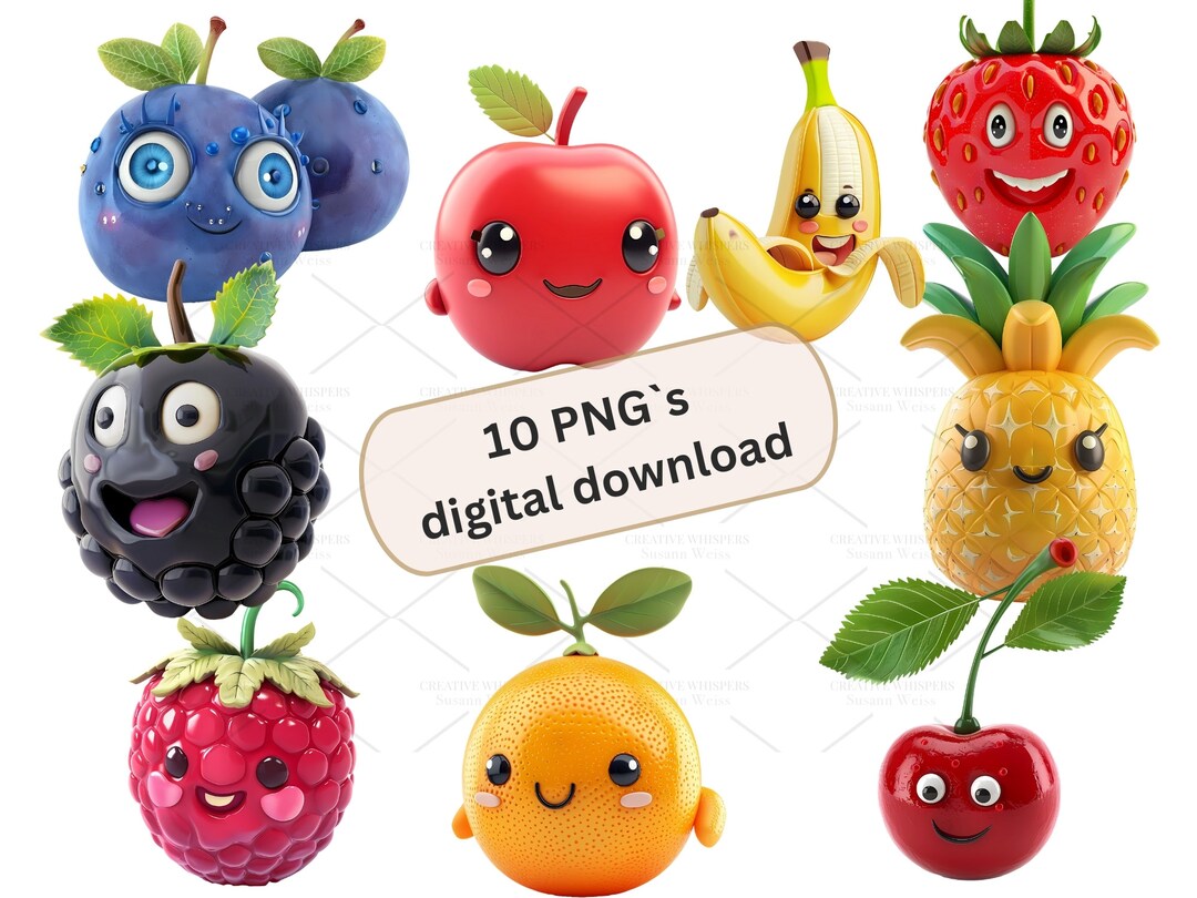 Cute Funny Fruits Cartoon Sticker Clipart Bundle- 10 High Quality Pngs ...