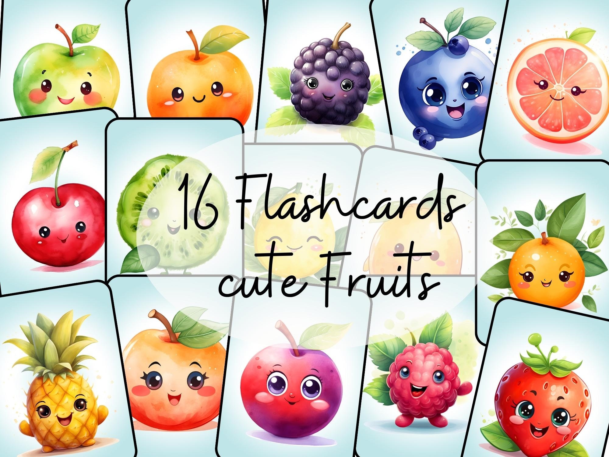 16 Adorable Cute Fruits Flashcards for Kids Learning Cards - Etsy