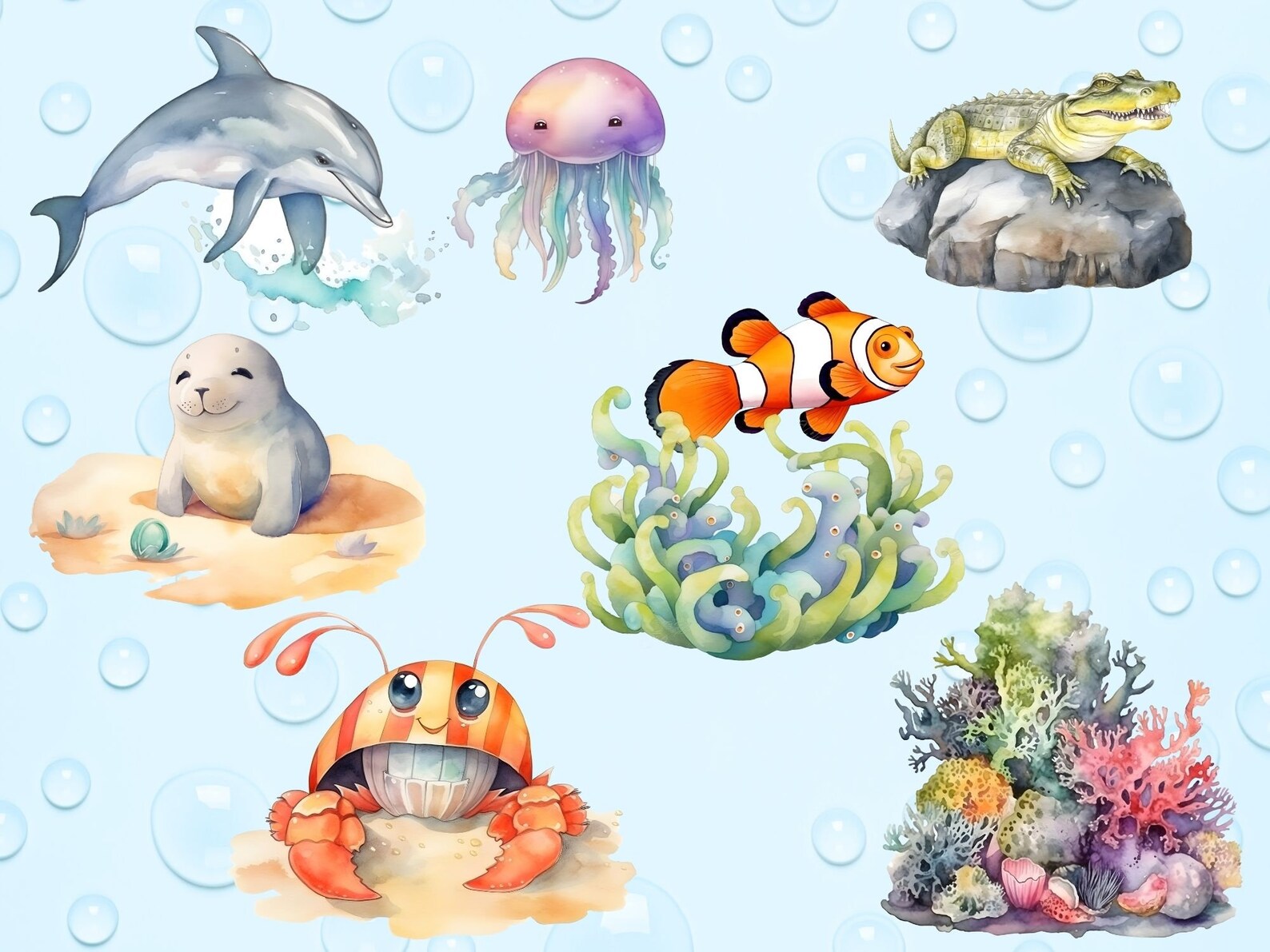 Sea Animal Watercolor Set Underwater Creatures PNG Ocean - Etsy