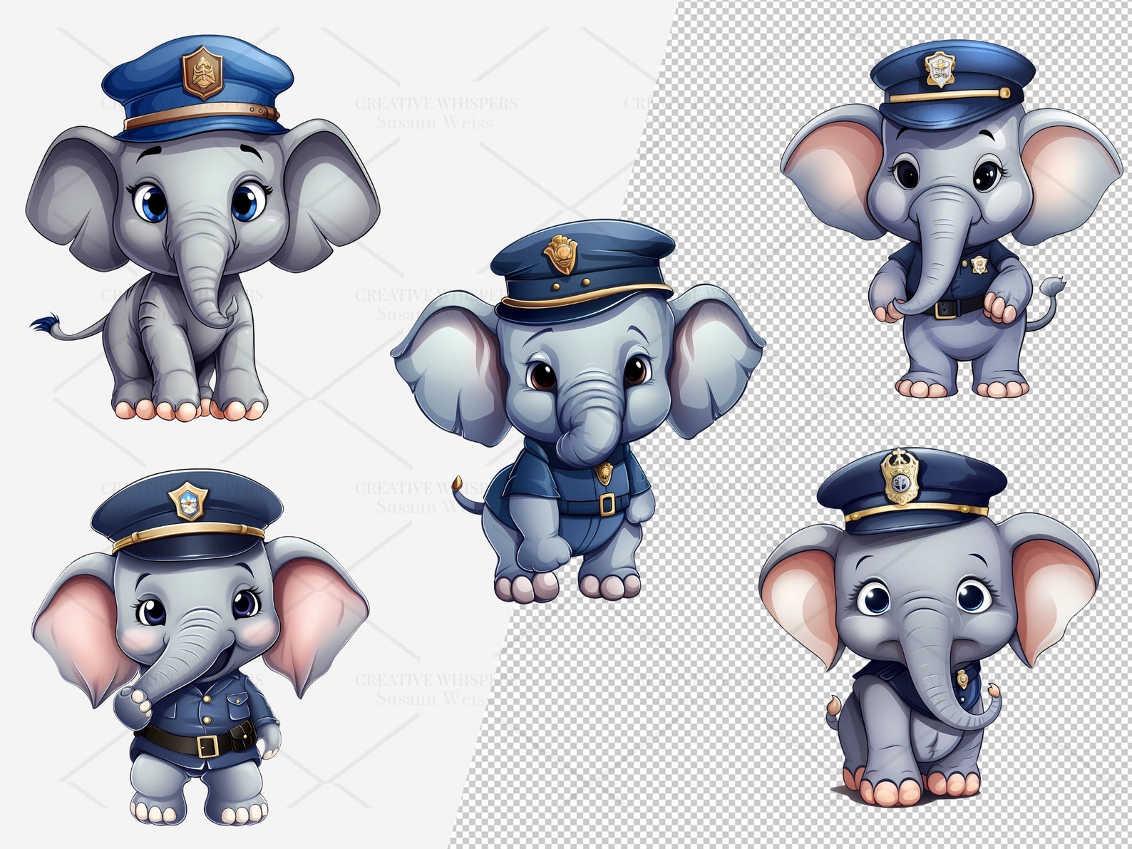 20 Police Elephant Clipart Set – Cute Officer Elephants in Uniform ...