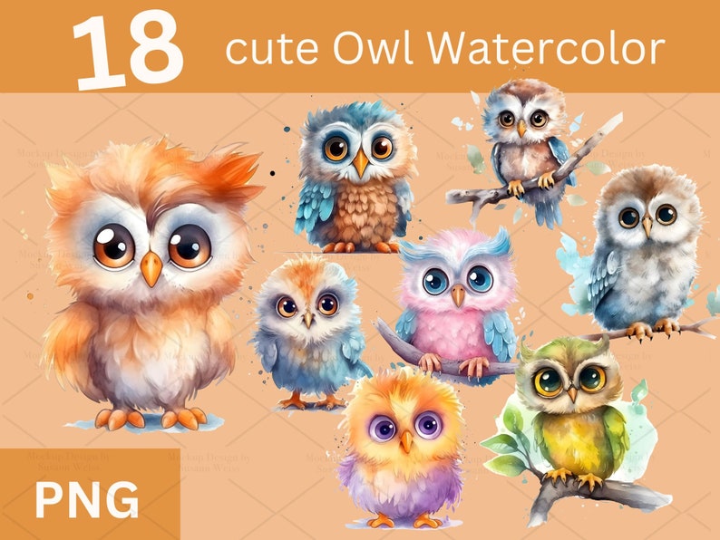 Digital Set of 18 Cute Baby Owl PNG Watercolor Baby Owl - Etsy