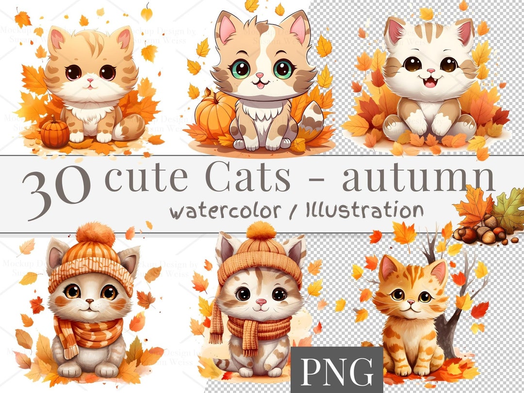 Watercolor Autumn Cat Clipart: 30 PNG Stickers, Sublimation Design - Etsy