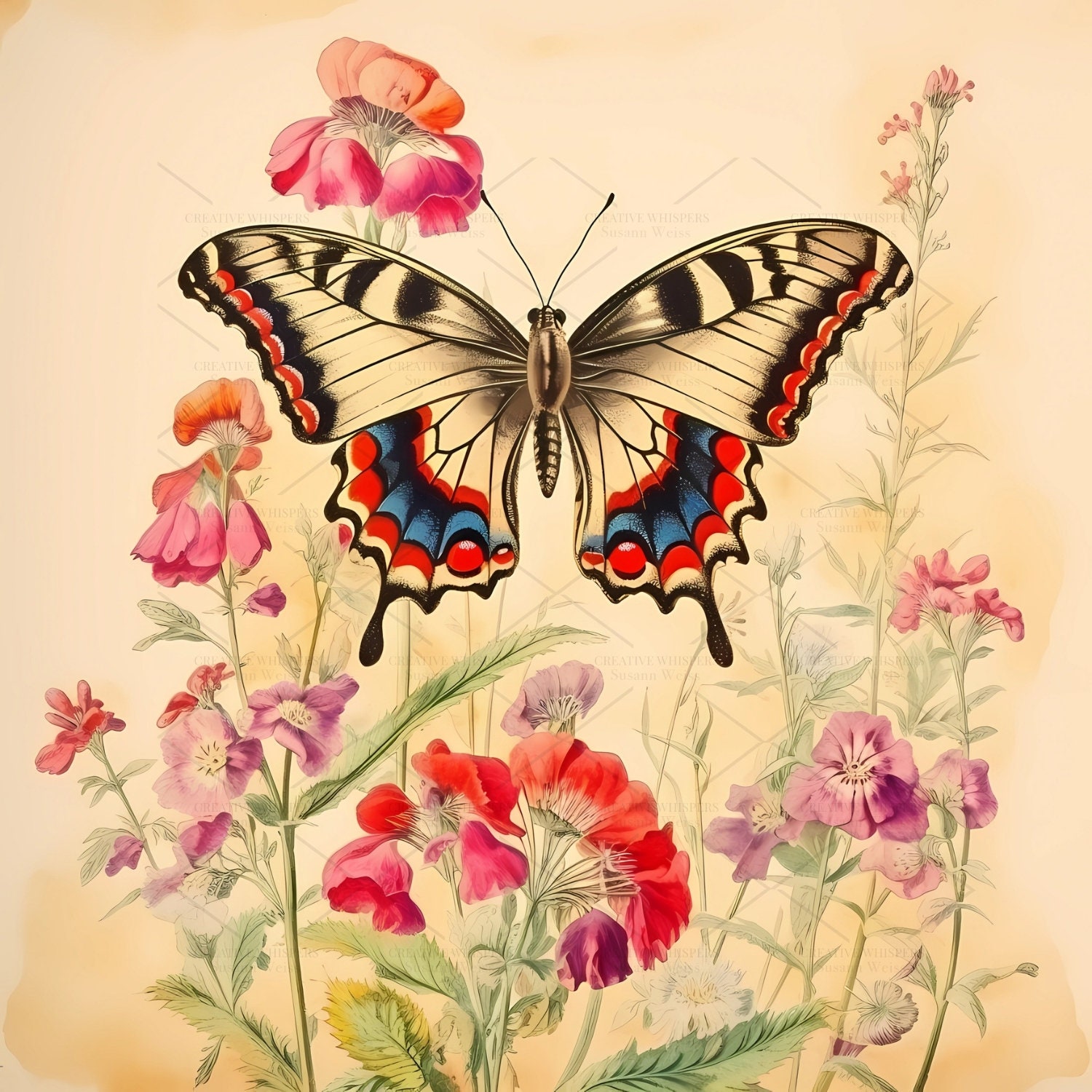 Butterfly and Flowers Vintage Watercolor Clipart Bundle 10 High Quality ...