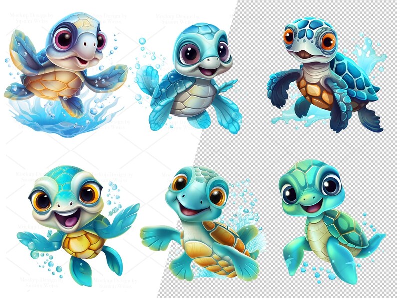 24 Digital Cute Sea Turtle Clip Art Set, Cute Sea Turtle Sticker, Cute ...