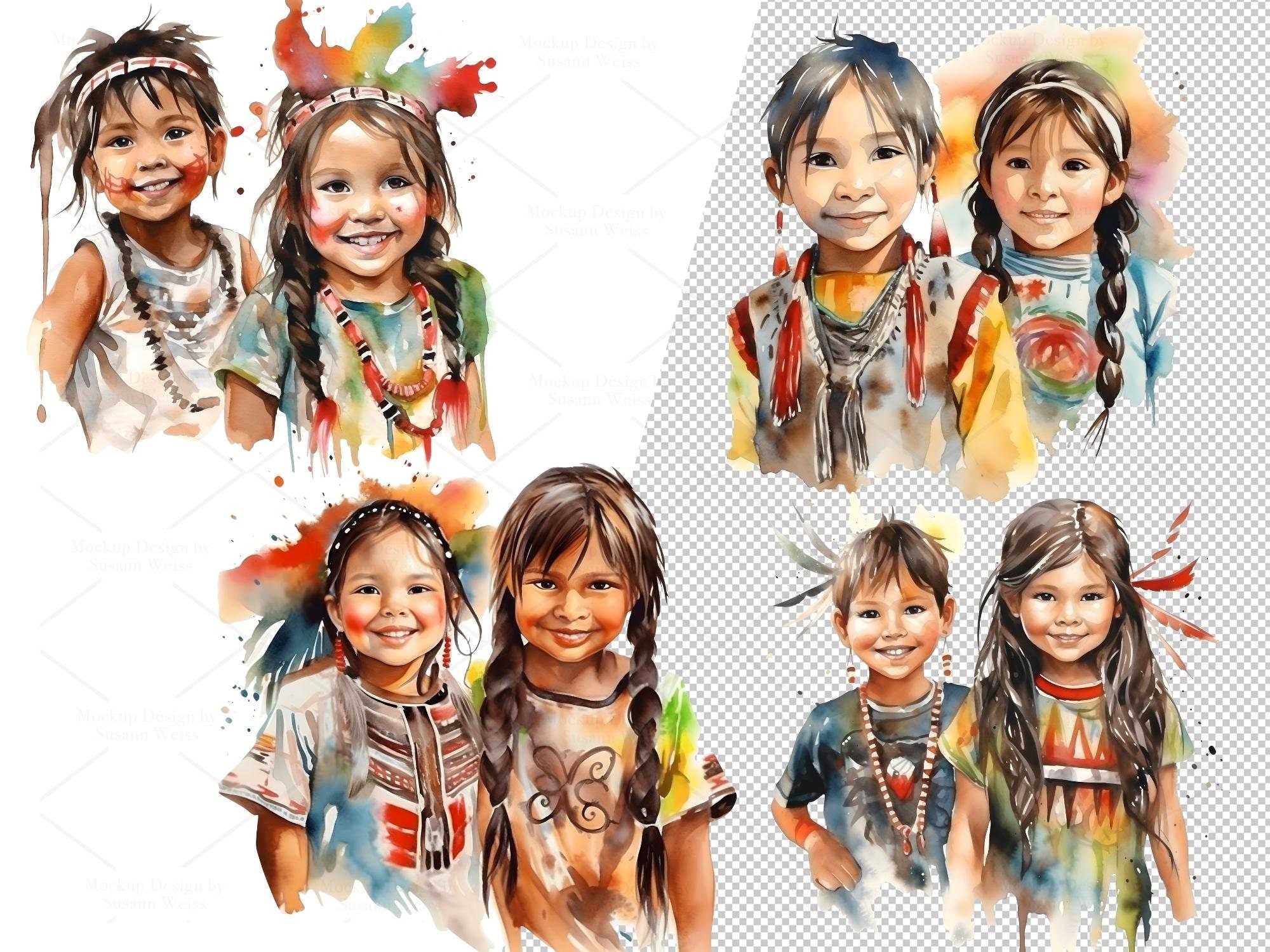 Digital Set of 32 Watercolor Cute Native American PNG, Sticker Clipart ...