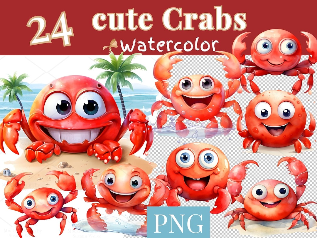 24 Cute Crab Clipart PNG Cartoon Beach Crab Watercolor Red Crab Summer ...