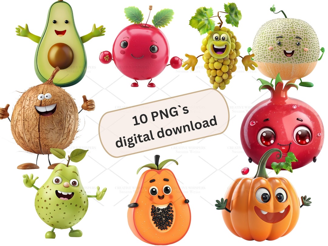 Cute Funny Fruits Cartoon Sticker Clipart Bundle- 10 High Quality Pngs ...