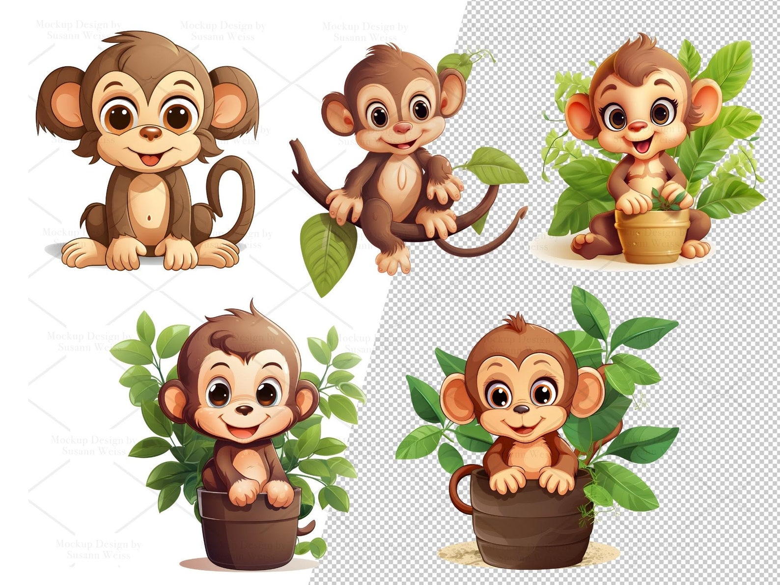 Digital Set of 23 Cute Monkey PNG, Sticker Clipart Cute Monkey, Cute ...