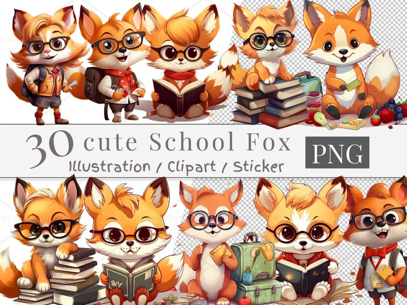 30 Digital Cute Fox Clip Art Set, Cute Fox Sticker, Cute Fox School ...