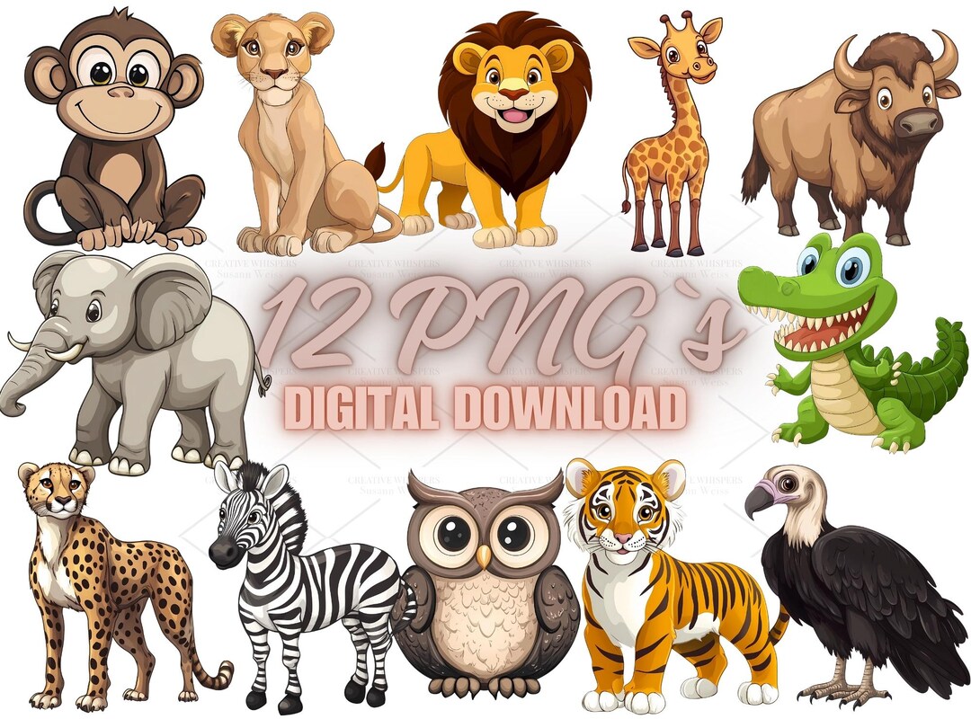 Cute Jungle Animals Clipart Bundle- 12 High Quality Pngs-, Journaling ...