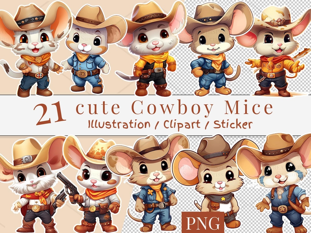 21 Digital Cute Cowboy Mouse Clip Art Set, Cute Cowboy Mouse Sticker ...