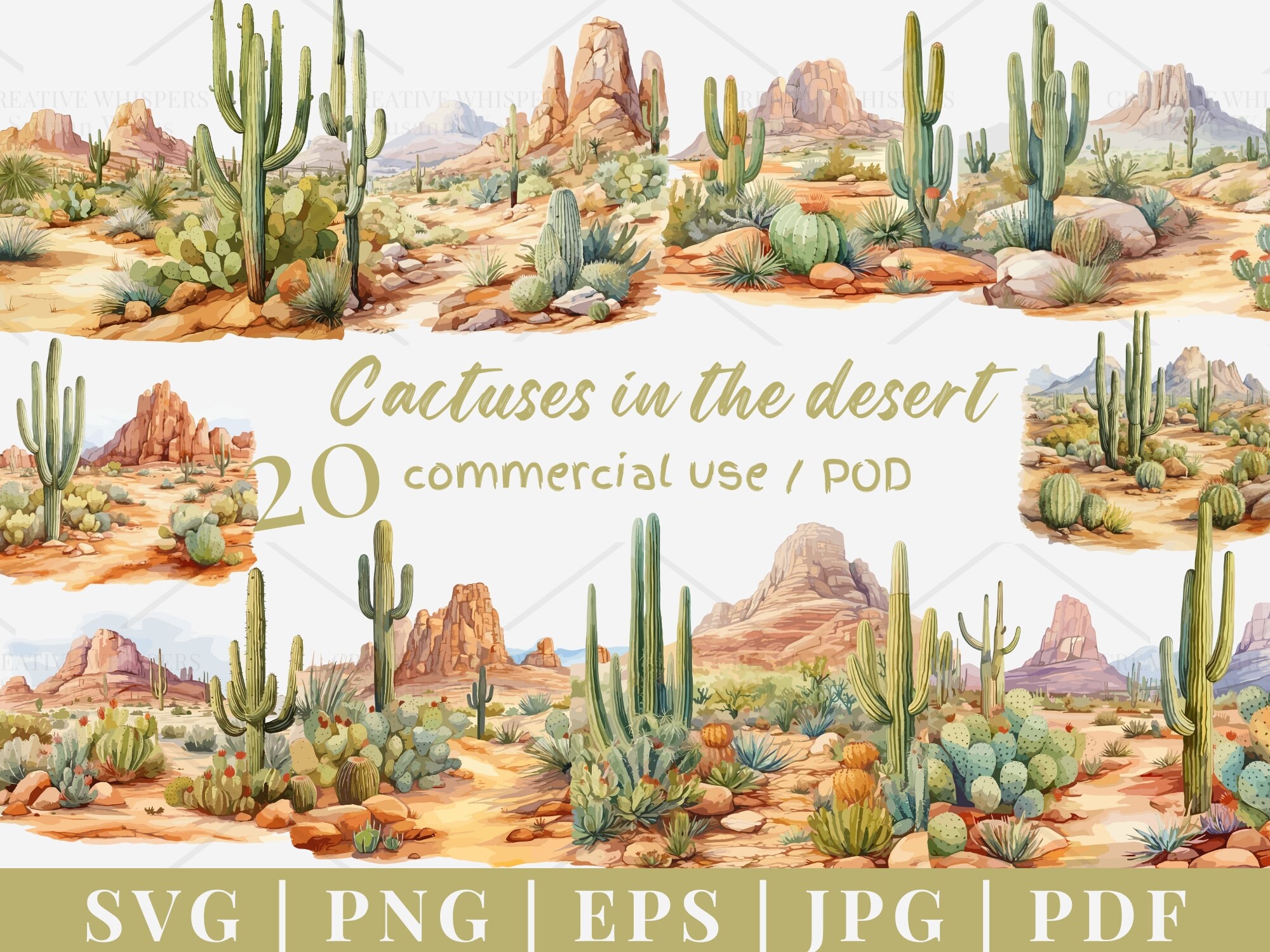20 Watercolor Cactuses in the Desert, SVG, PNG, Commercial Use, Clipart ...