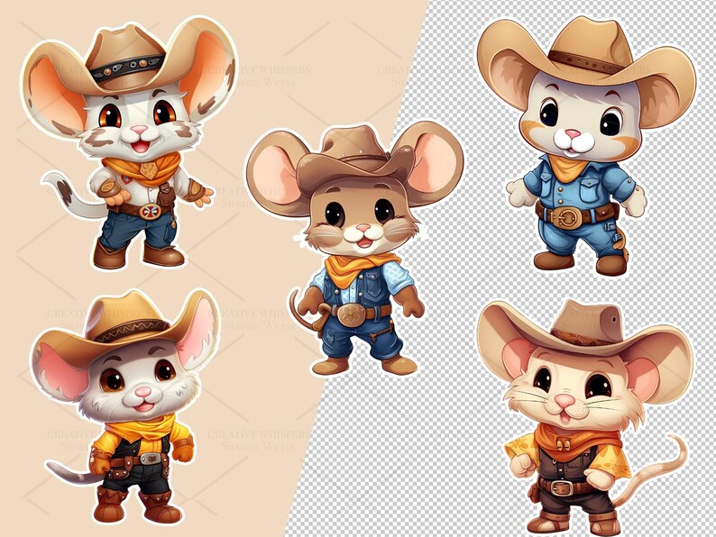 21 Digital Cute Cowboy Mouse Clip Art Set, Cute Cowboy Mouse Sticker ...
