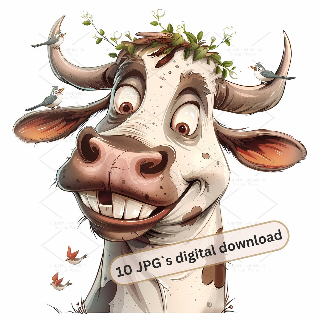 Cute Funny Crazy Cow Clipart Bundle- 10 High Quality Watercolor Jpgs ...