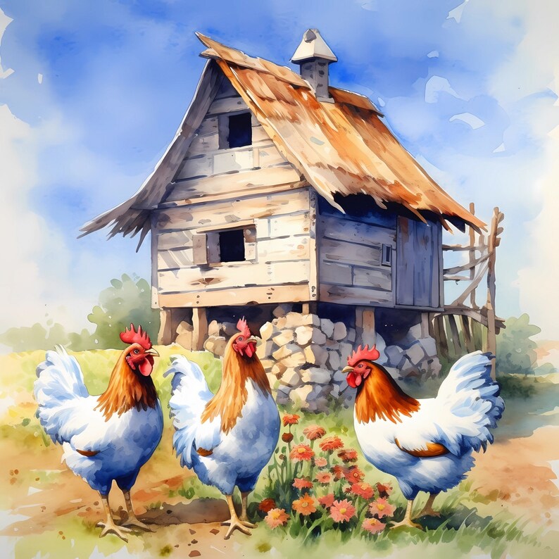 Hen House Chicken Coop Clipart Bundle- 10 High Quality Watercolor Jpgs ...