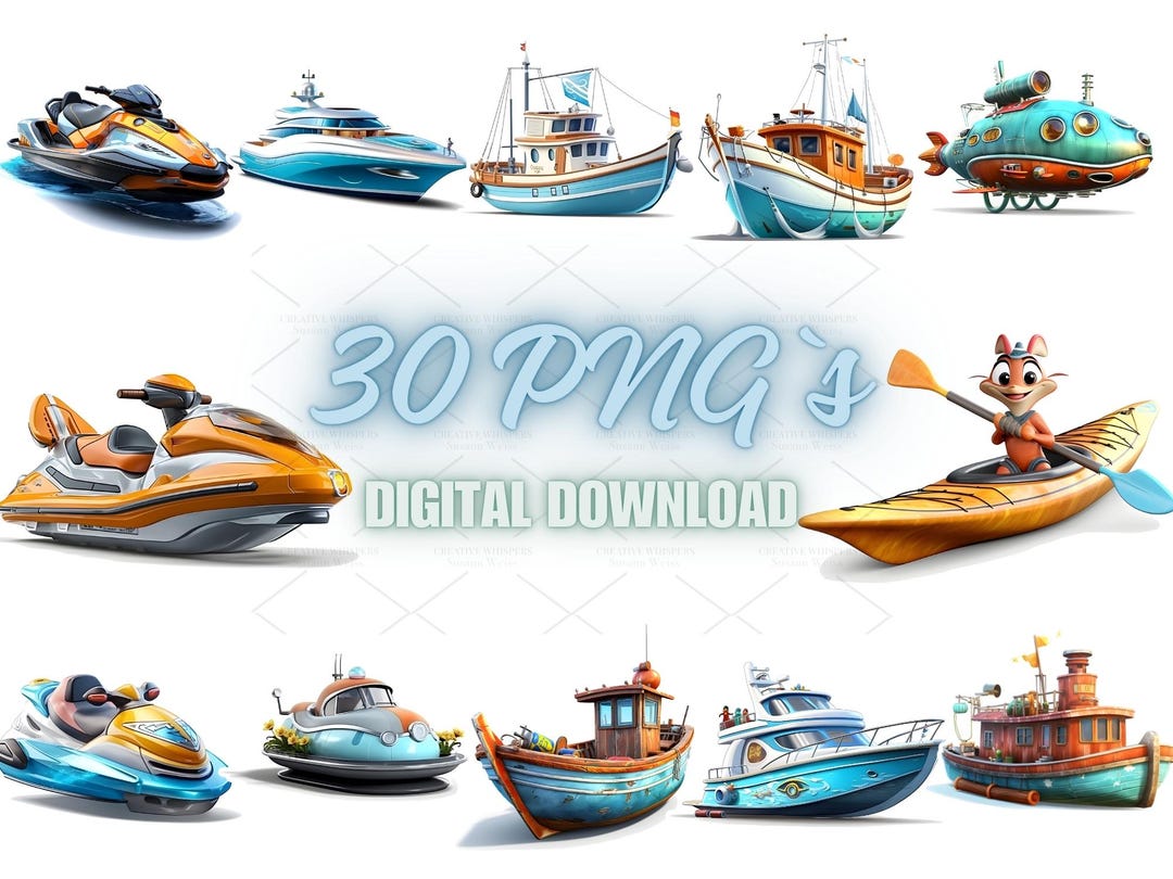 Cartoon Boat Stickers: 30 Marine Clipart Pngs (digital Download) - Etsy