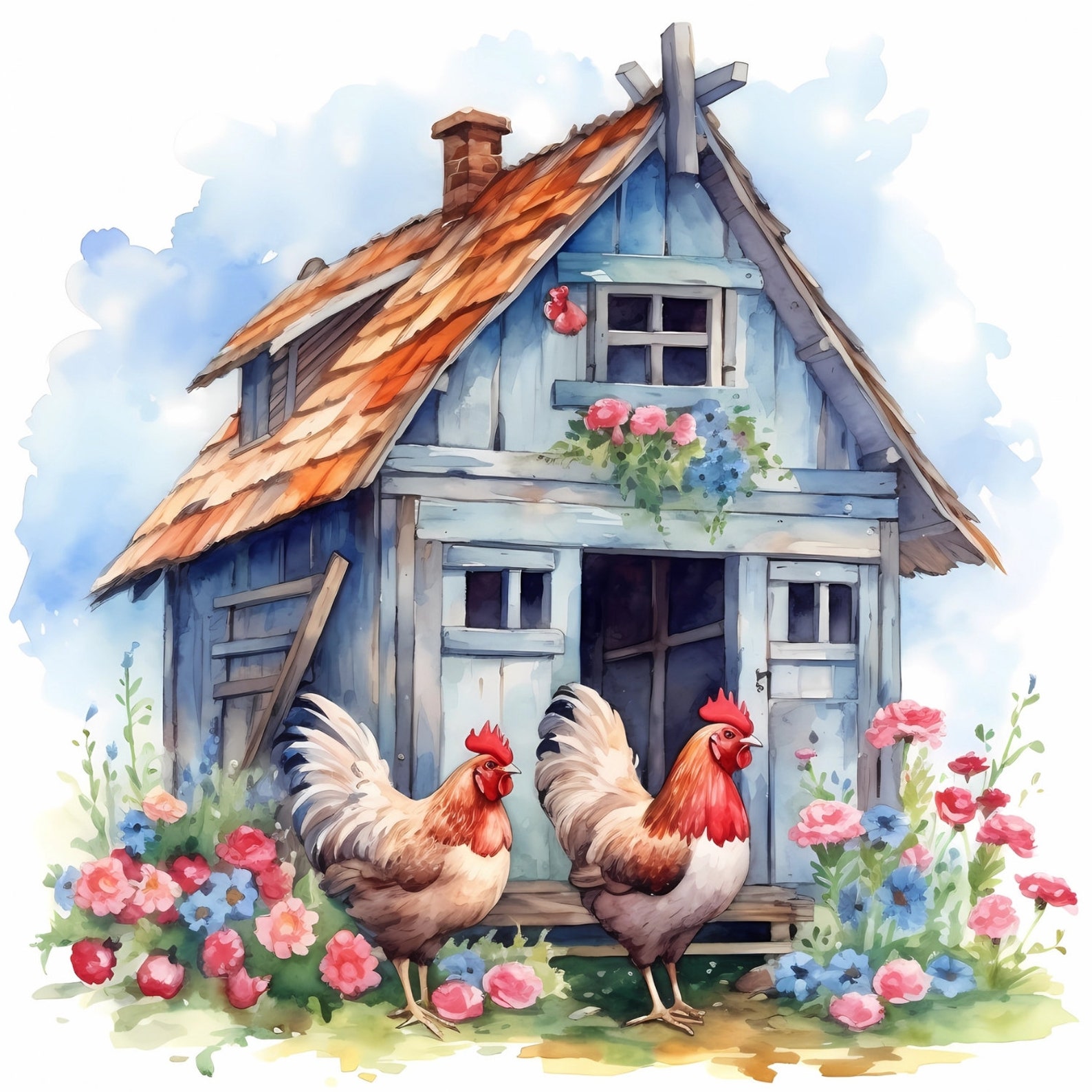 Hen House Chicken Coop Clipart Bundle 10 High Quality Watercolor Jpgs ...
