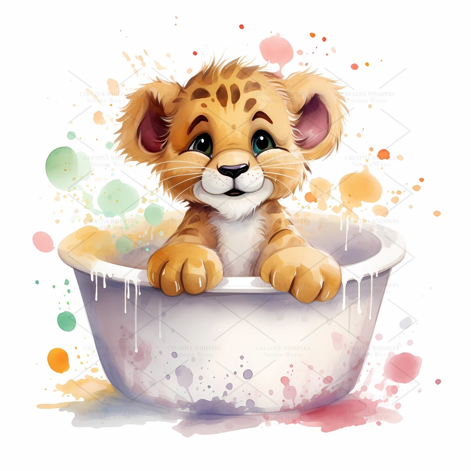 Cute Jungle Animals in Bathtub Watercolor Clipart Bundle 10 High ...