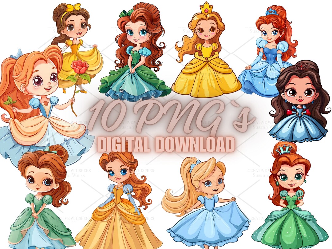 Cute Princess Cartoon Sticker, Clipart Bundle- 10 High Quality Pngs ...