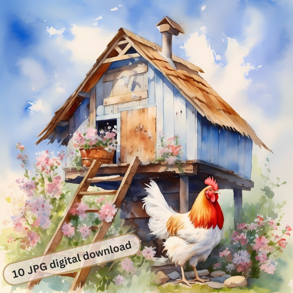 Hen House Chicken Coop Clipart Bundle 10 High Quality Watercolor Jpgs ...