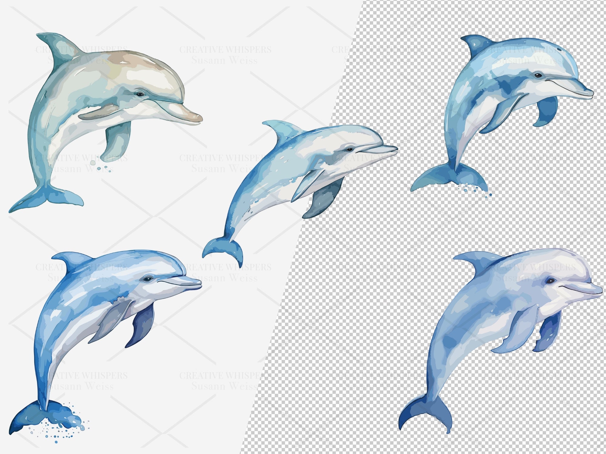 20 Watercolor Dolphin Clipart Bundle for POD Commercial Use | Cute ...
