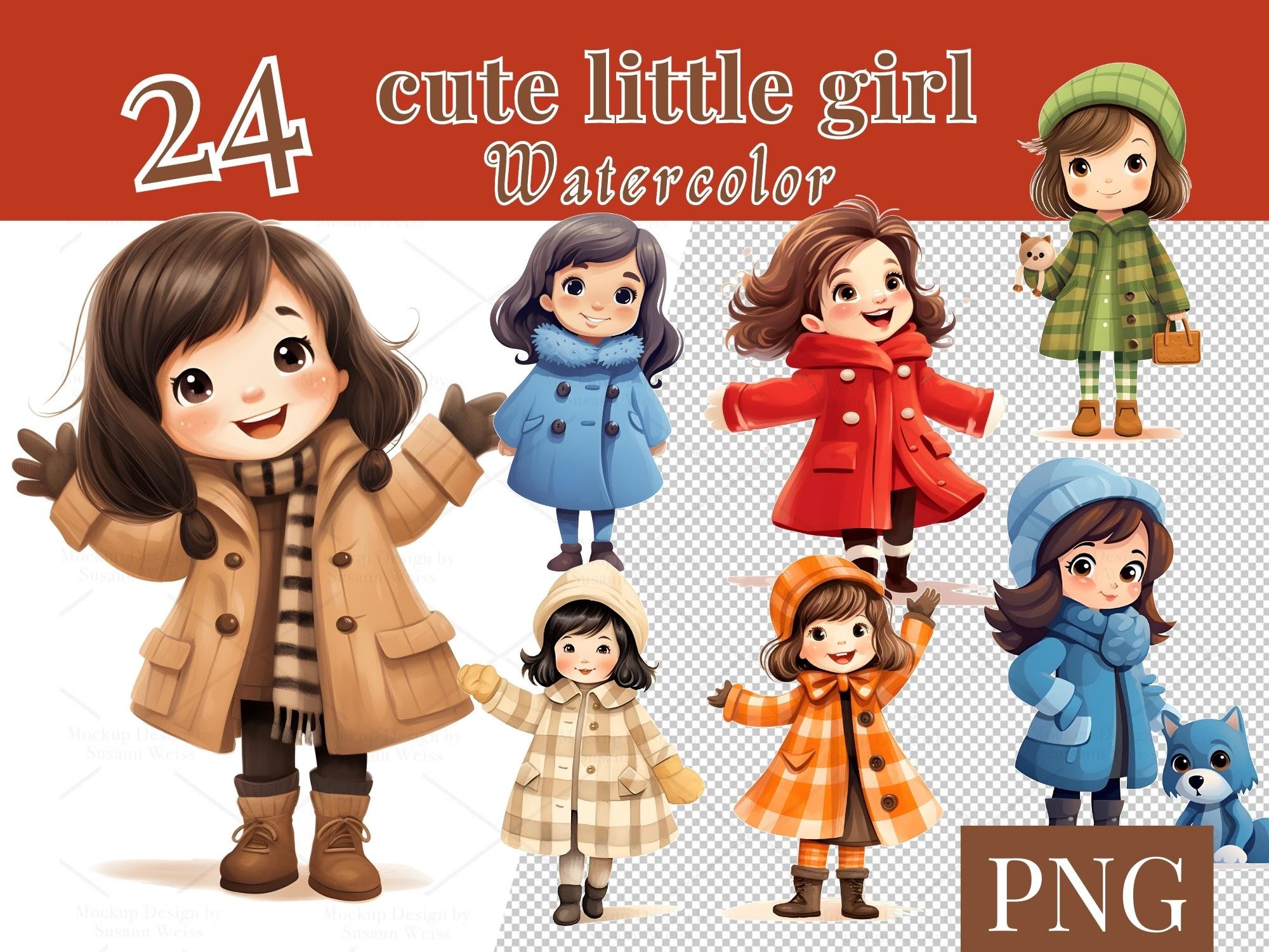 24 Digital Cute Little Girl Clip Art Set, Cute Little Girl Sticker, PNG ...