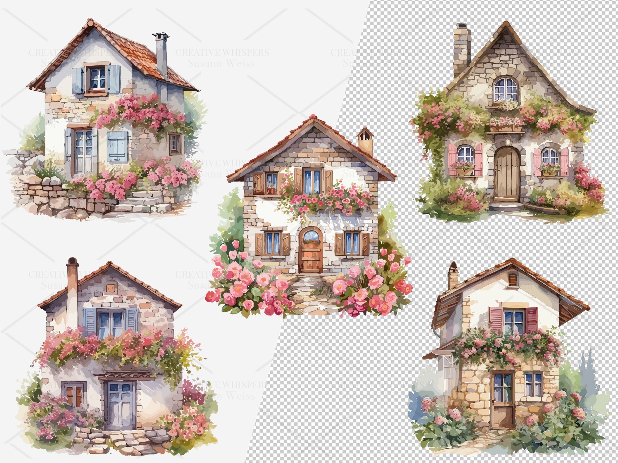 20 Watercolor Vintage Stone House SVG, PNG, Ornament, Clipart Vector ...