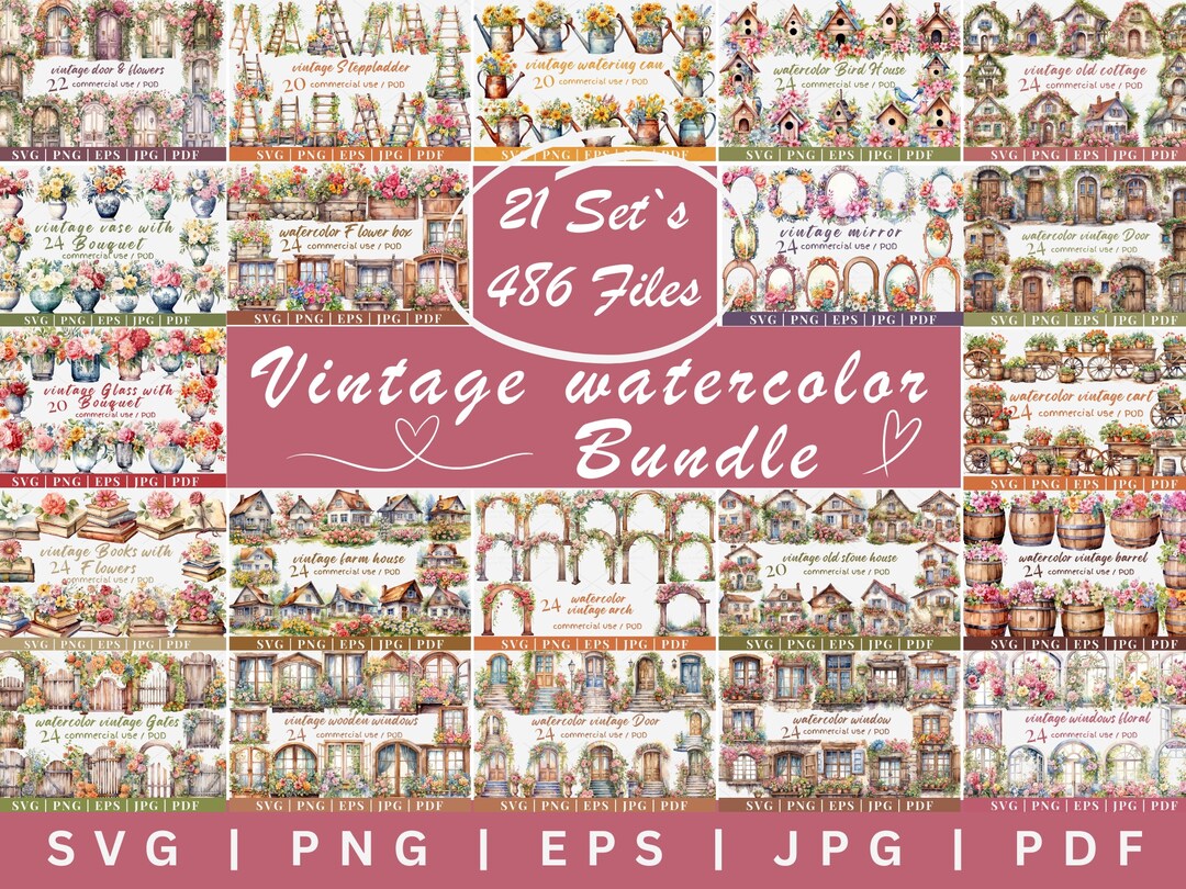 Vintage Watercolor Clipart Bundle – 486 Floral Designs (SVG, PNG) - Etsy