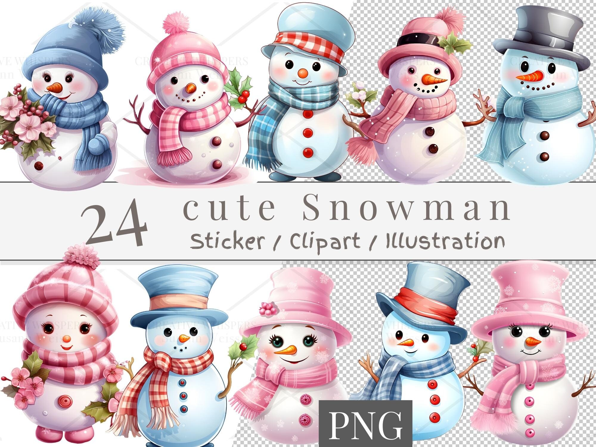 Digital Set of 24 Watercolor Cute Snowman PNG, Sticker Clipart Cute ...