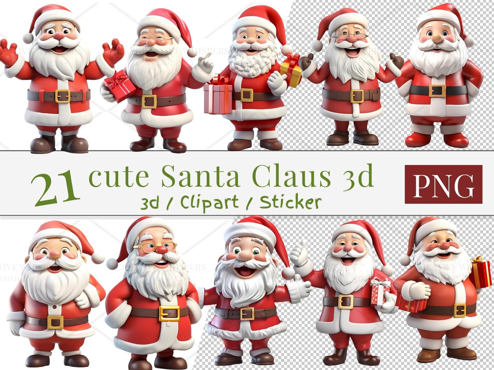 21 Digital Cute Santa Claus 3d Clipart Set, Cute Santa Claus Sticker ...