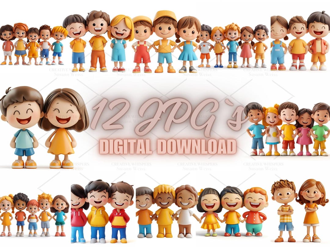 Smiling Children Clipart Bundle: Happy Cartoon Kids Illustrations (JPG ...