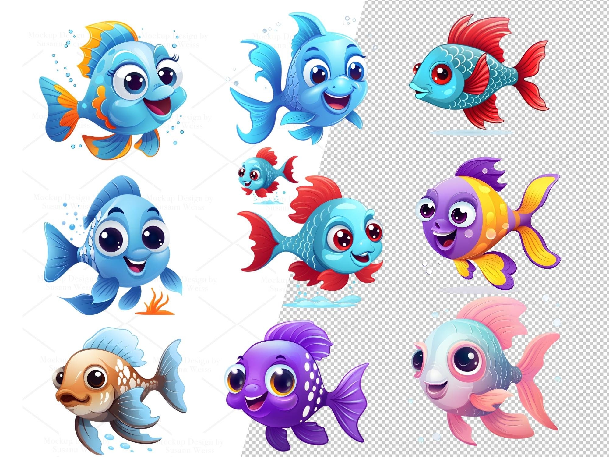 54 Digital Cute Fish Clip Art Set, Cute Fish Sticker, Fish Colorful PNG ...