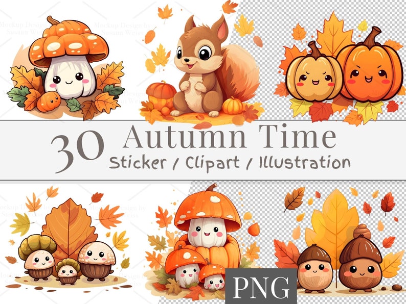30 Digital Cute Autumn Sticker Clip Art Set, Cute Autumn Sticker ...