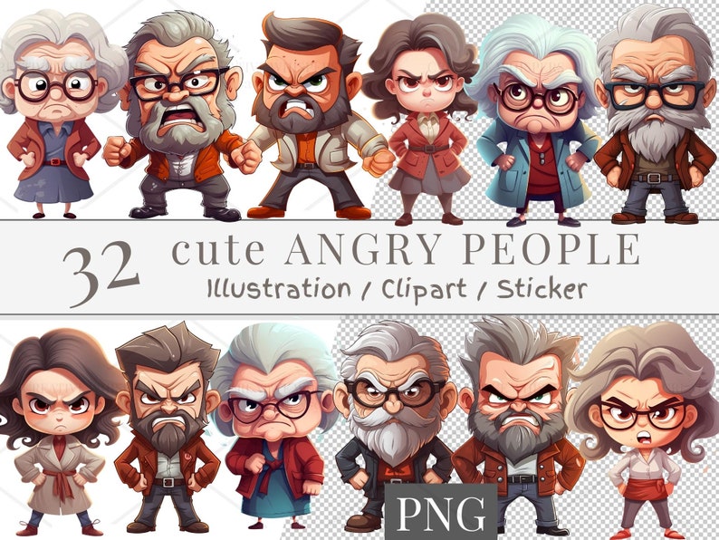 32 Digital Cute Angry People Clip Art Set, Cute Angry People Sticker ...