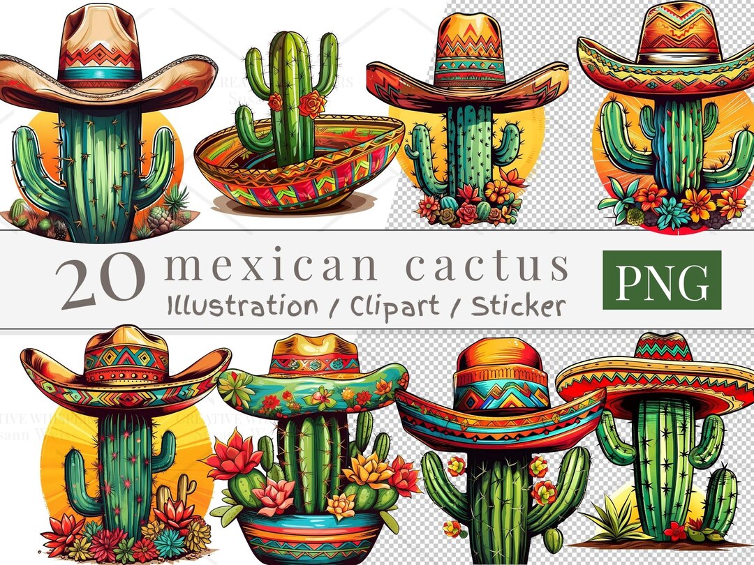 20 Digital Mexican Cactus Clipart Set, Shirt Design, Sticker, PNG ...