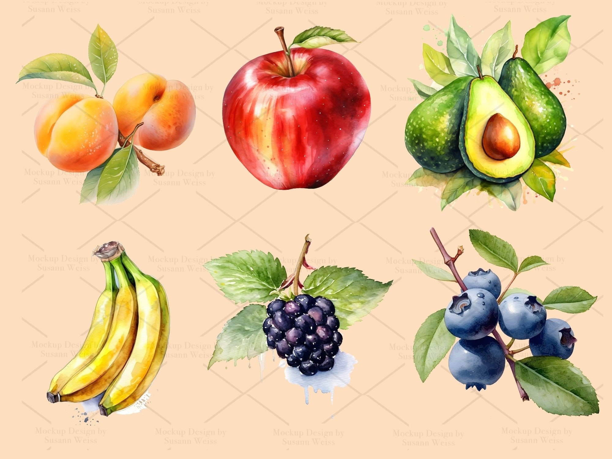 Digital Set of 29 Watercolor Fruits PNG Watercolor Fruits Set Healthy ...