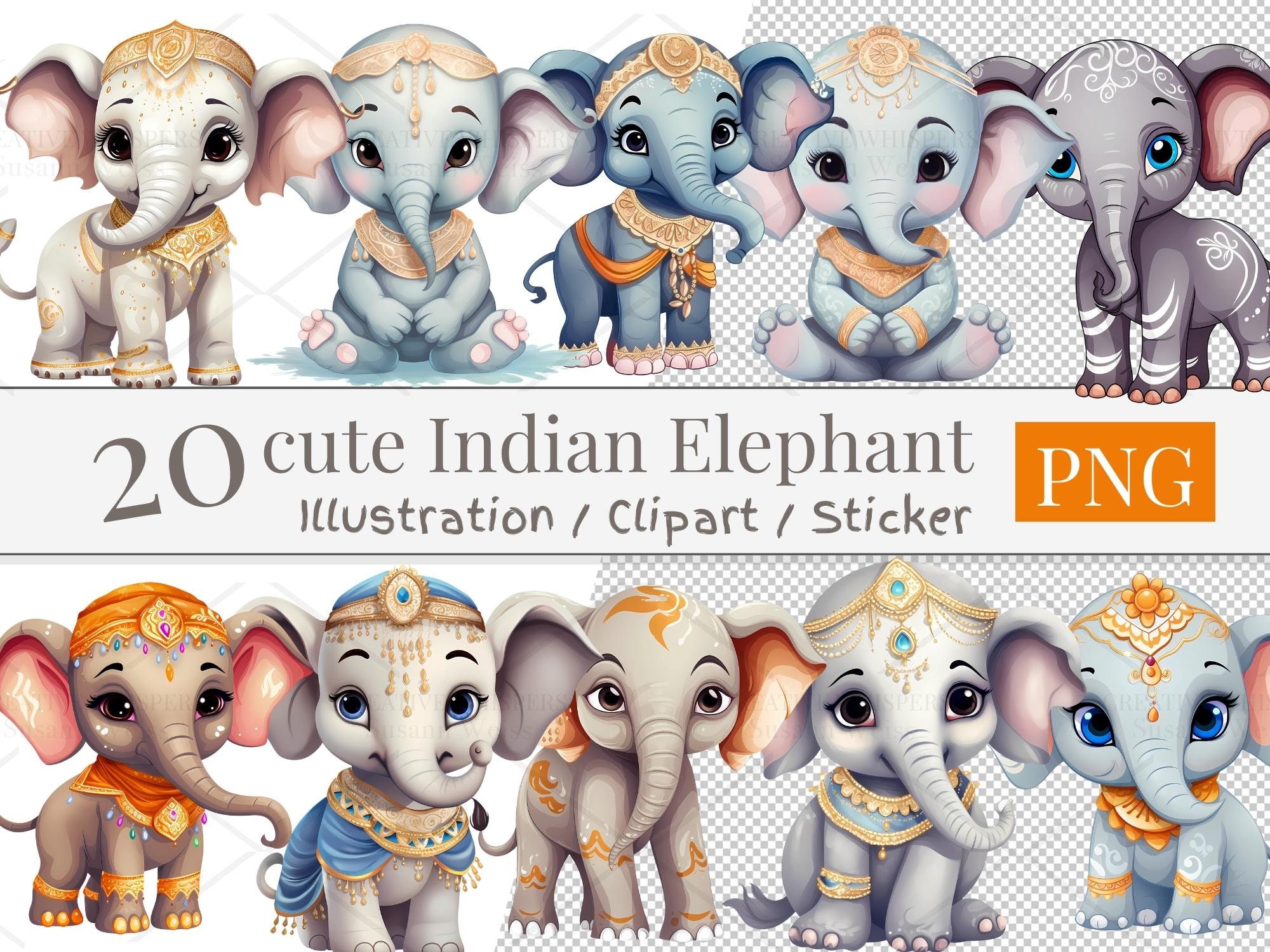 20 Digital Cute Elephant Clipart Set, Indian Elephant Sticker, PNG ...