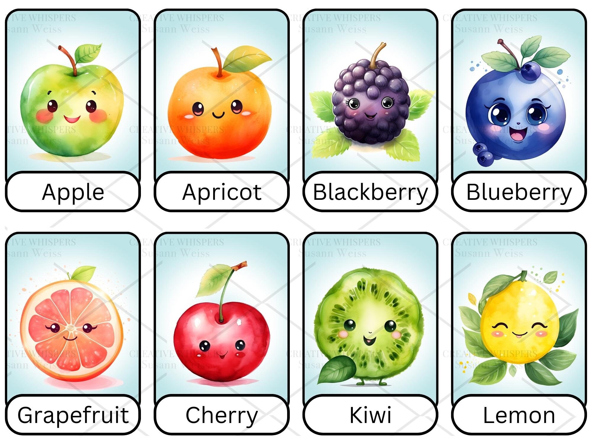 16 Adorable Cute Fruits Flashcards for Kids Learning Cards - Etsy