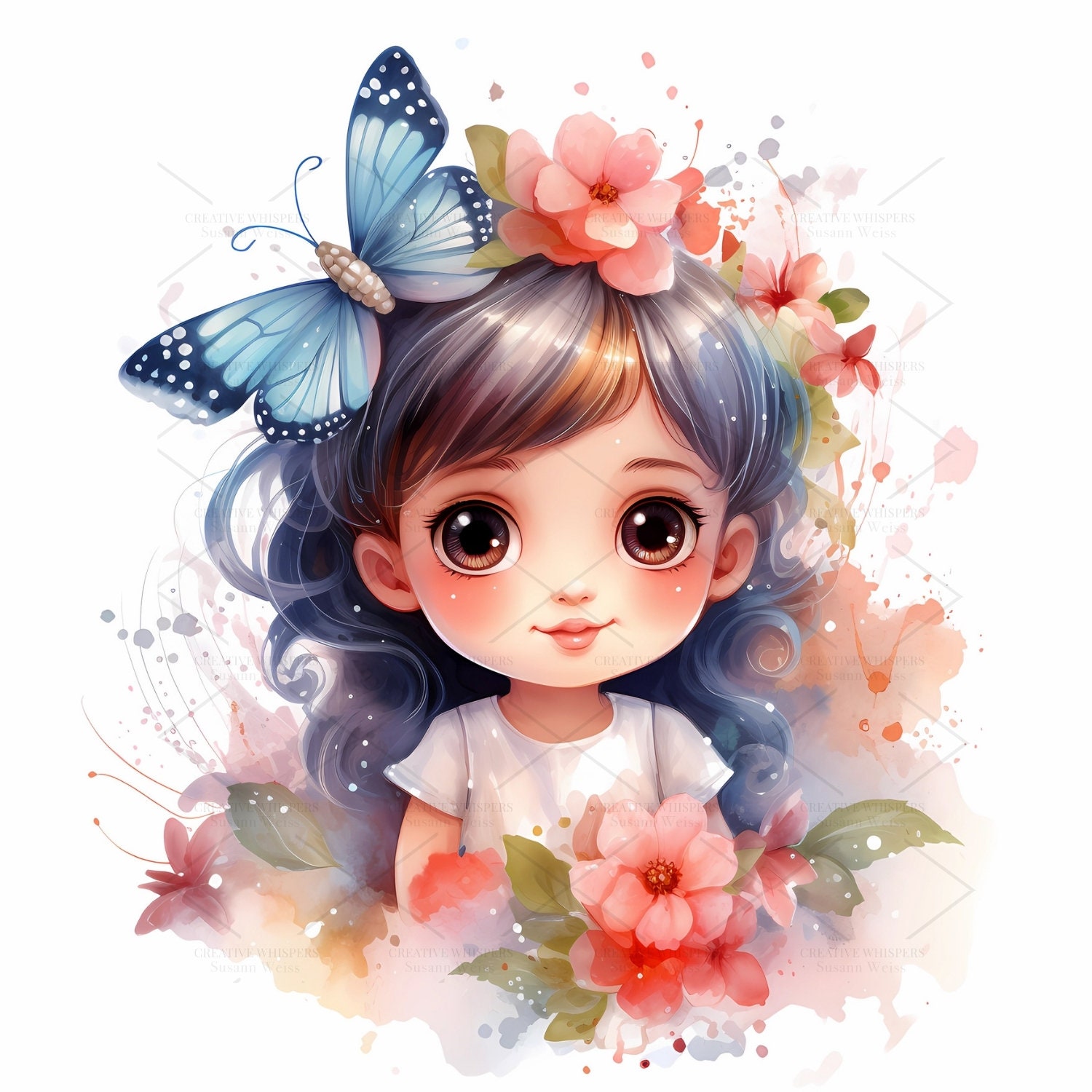 Cute Girl With Flowers Watercolor Clipart Bundle 10 High Quality Images ...