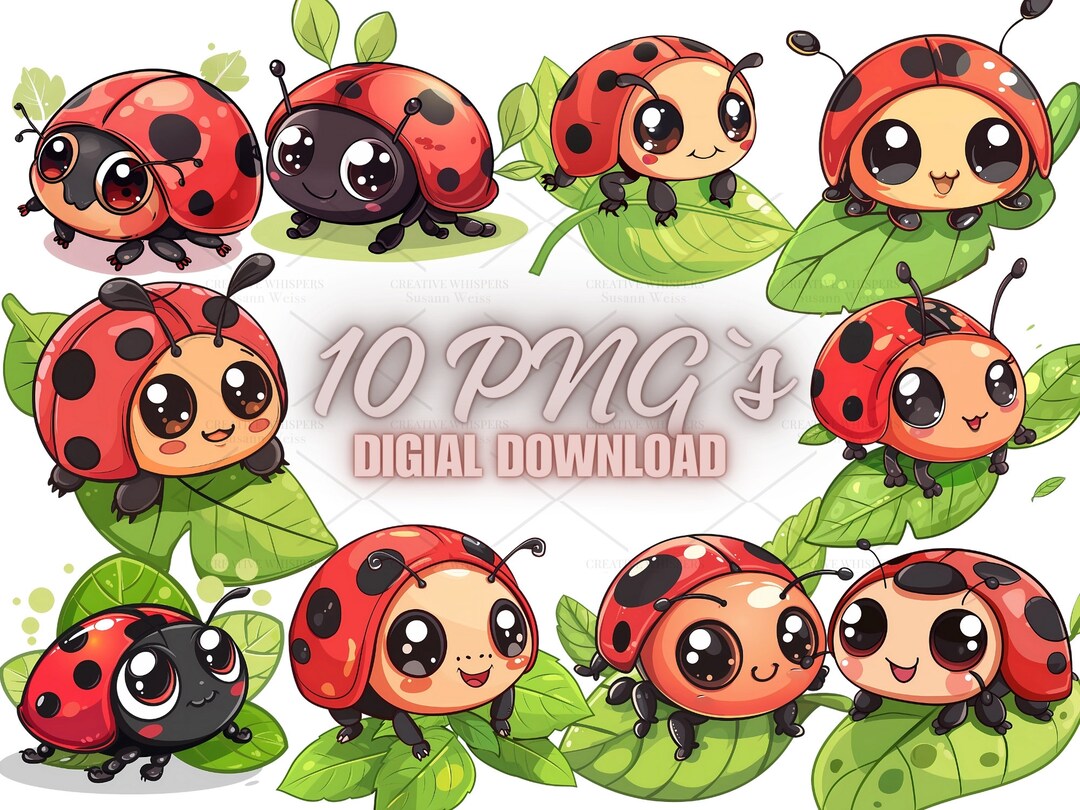 Cute Ladybug Illustration Clipart Sticker Bundle- 10 High Quality Pngs ...