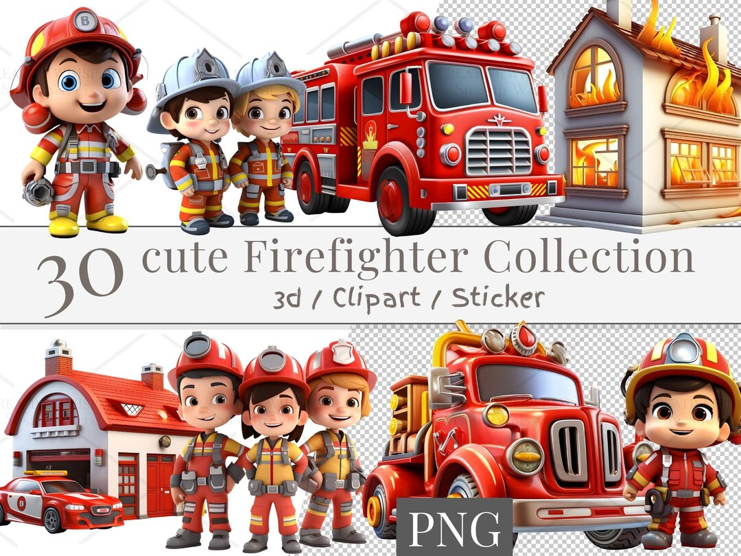 30 Digital 3d Cute Firefighter Clip Art Set, Cute Firefighter Sticker ...