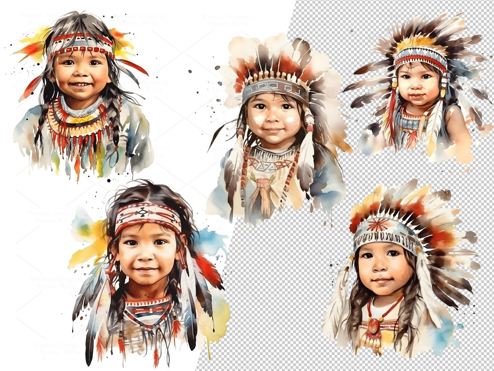 Digital Set of 32 Watercolor Cute Native American PNG, Sticker Clipart ...