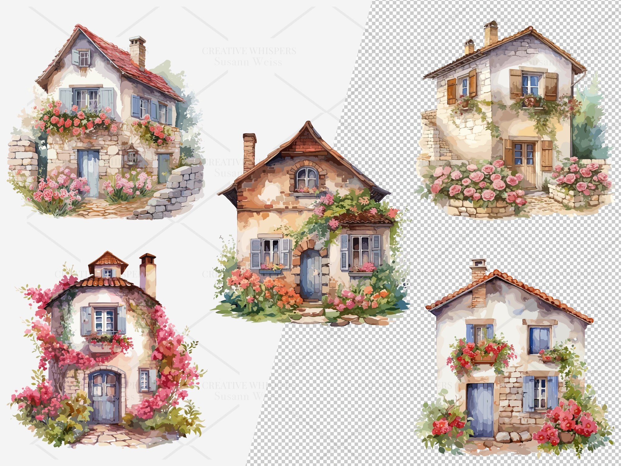 20 Watercolor Vintage Stone House SVG, PNG, Ornament, Clipart Vector ...