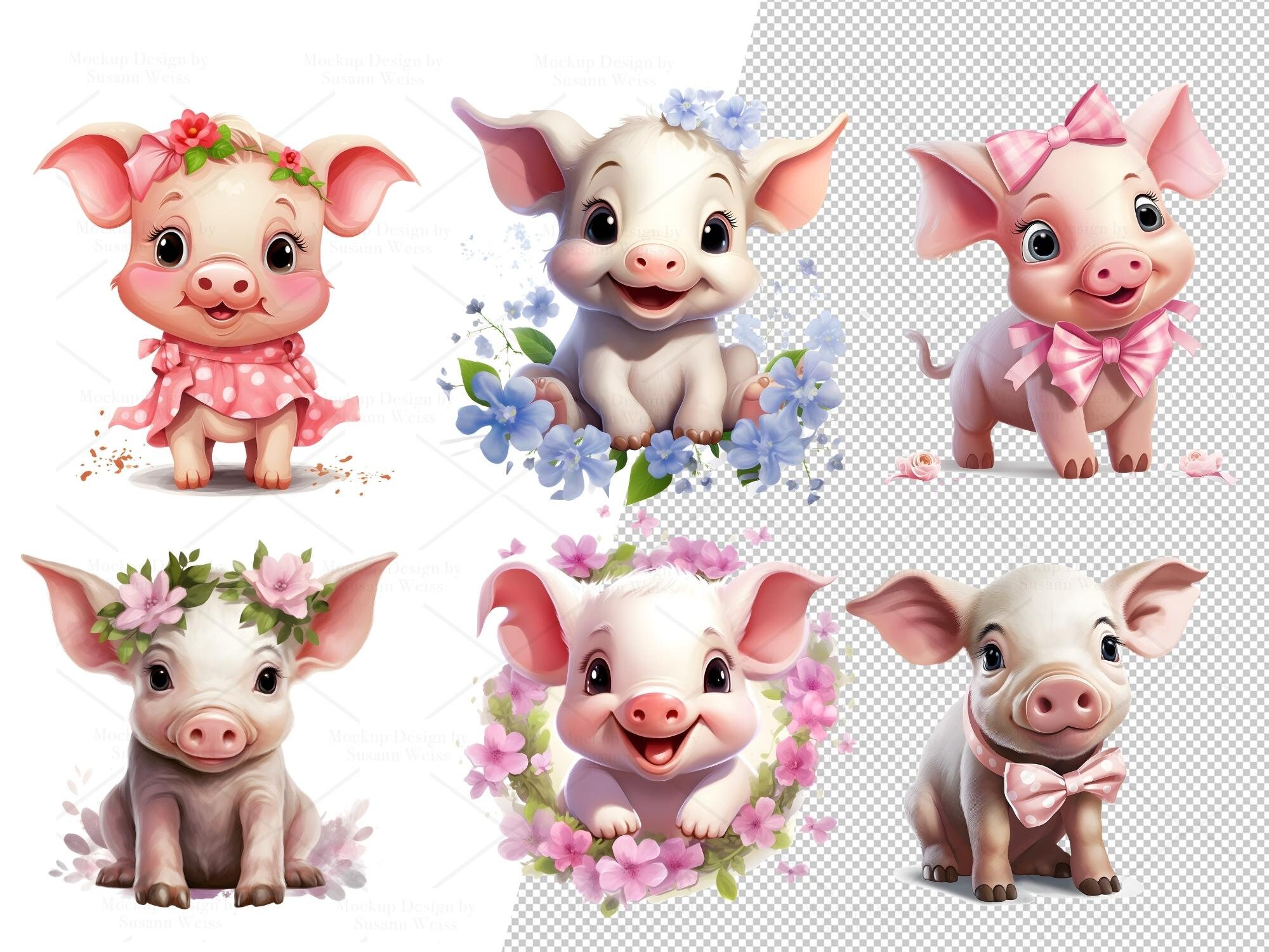 24 Digital Cute Pig Clip Art Set, Cute Pig Sticker, Colorful PNG for ...