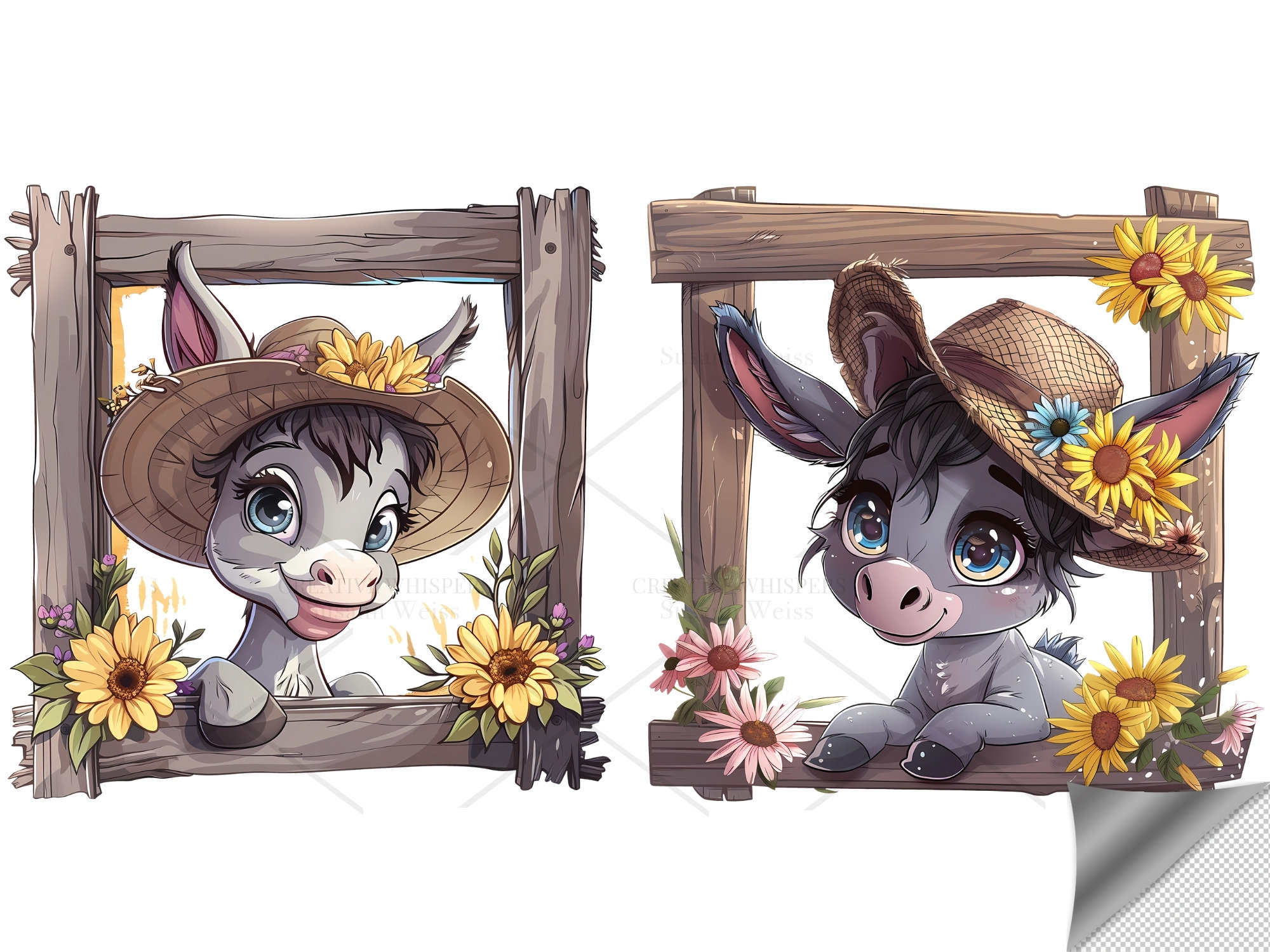 Funny Donkey in Frame, Clipart Bundle 10 High Quality Pngs, Journaling ...