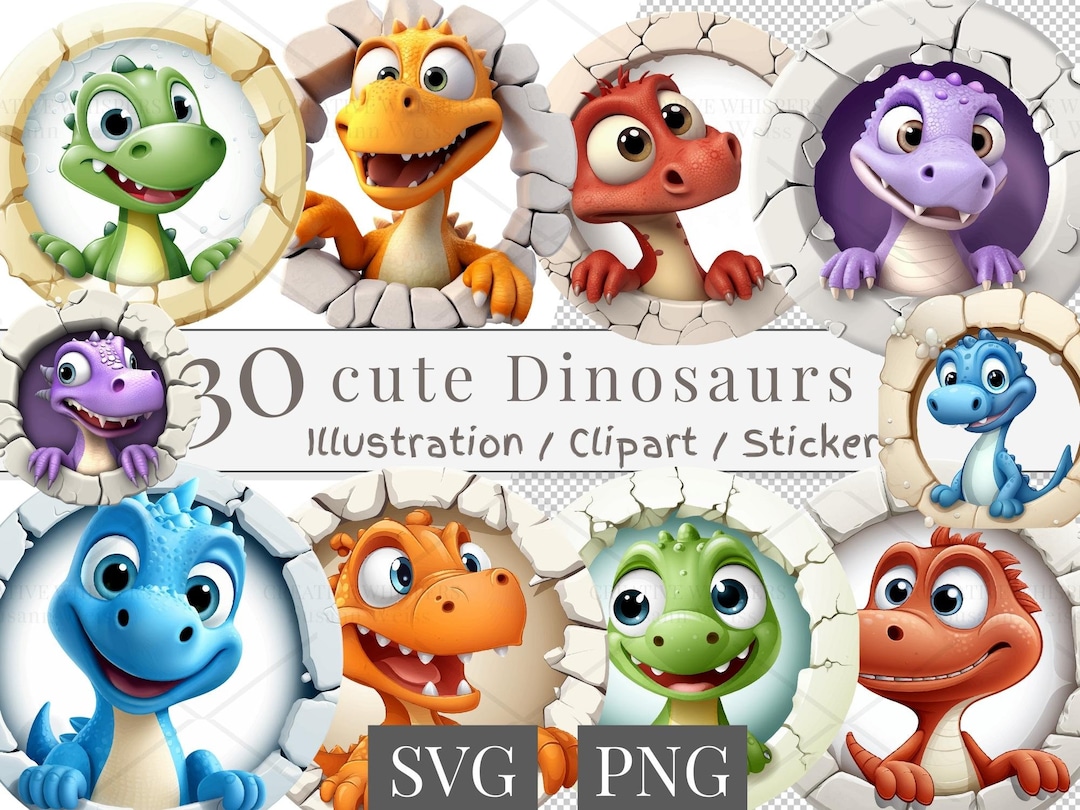 30 Digital Cute Dinosaurs Sticker SVG PNG, Clipart Set, Sublimation ...