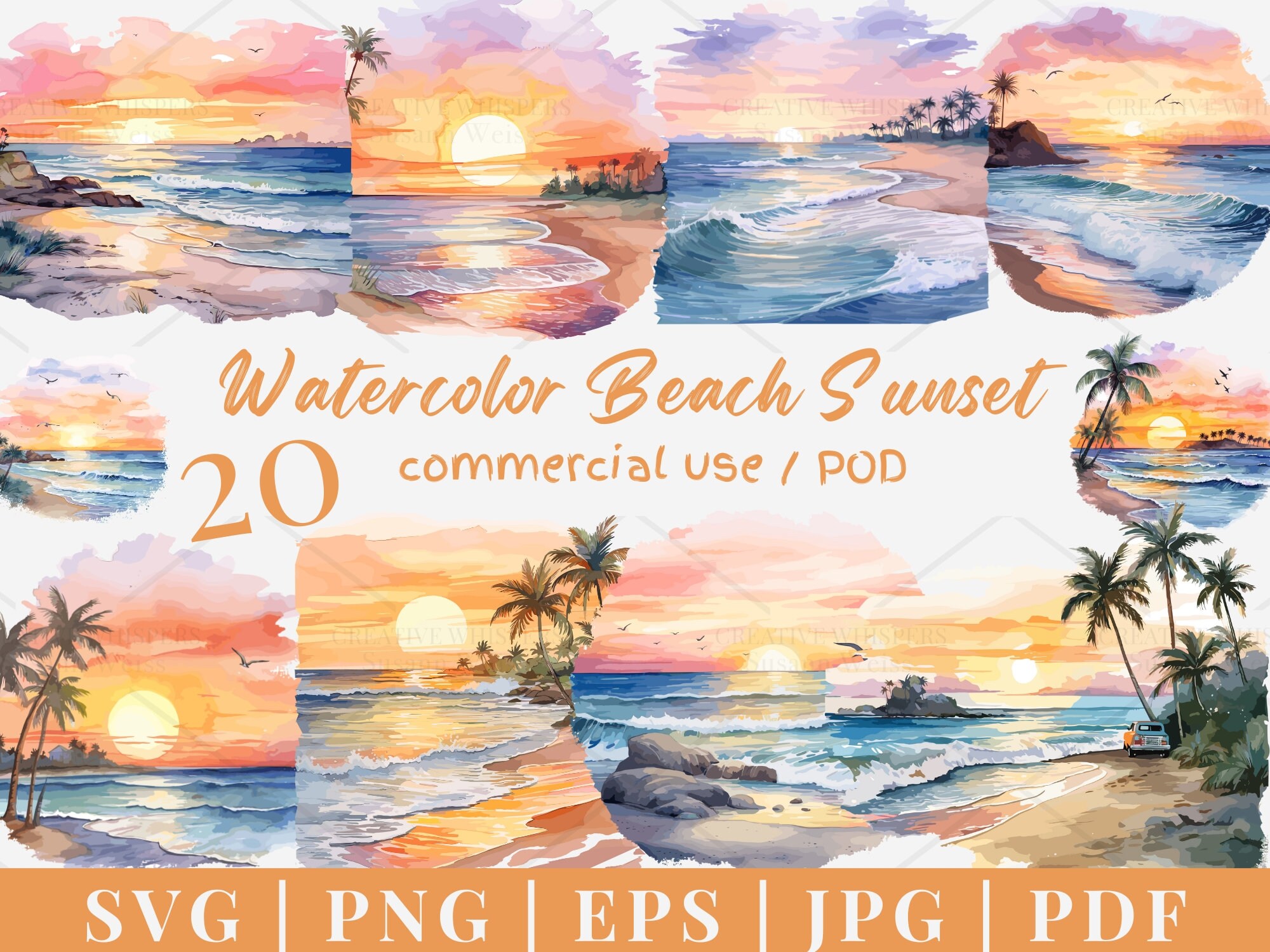 20 Watercolor Beach Sunset SVG, PNG, Commercial Use, Clipart Vector ...
