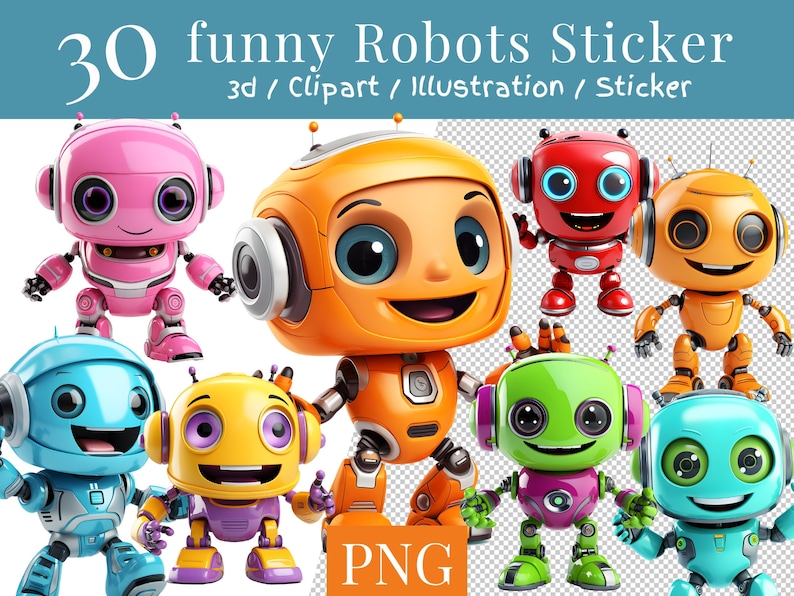 30 Digital Funny Robot Clip Art Set, Funny Robot Sticker, Sublimation ...