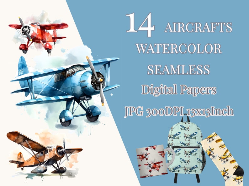 14 Aircrafts Seamless Pattern Digital Paper - A Collection of Airplane ...