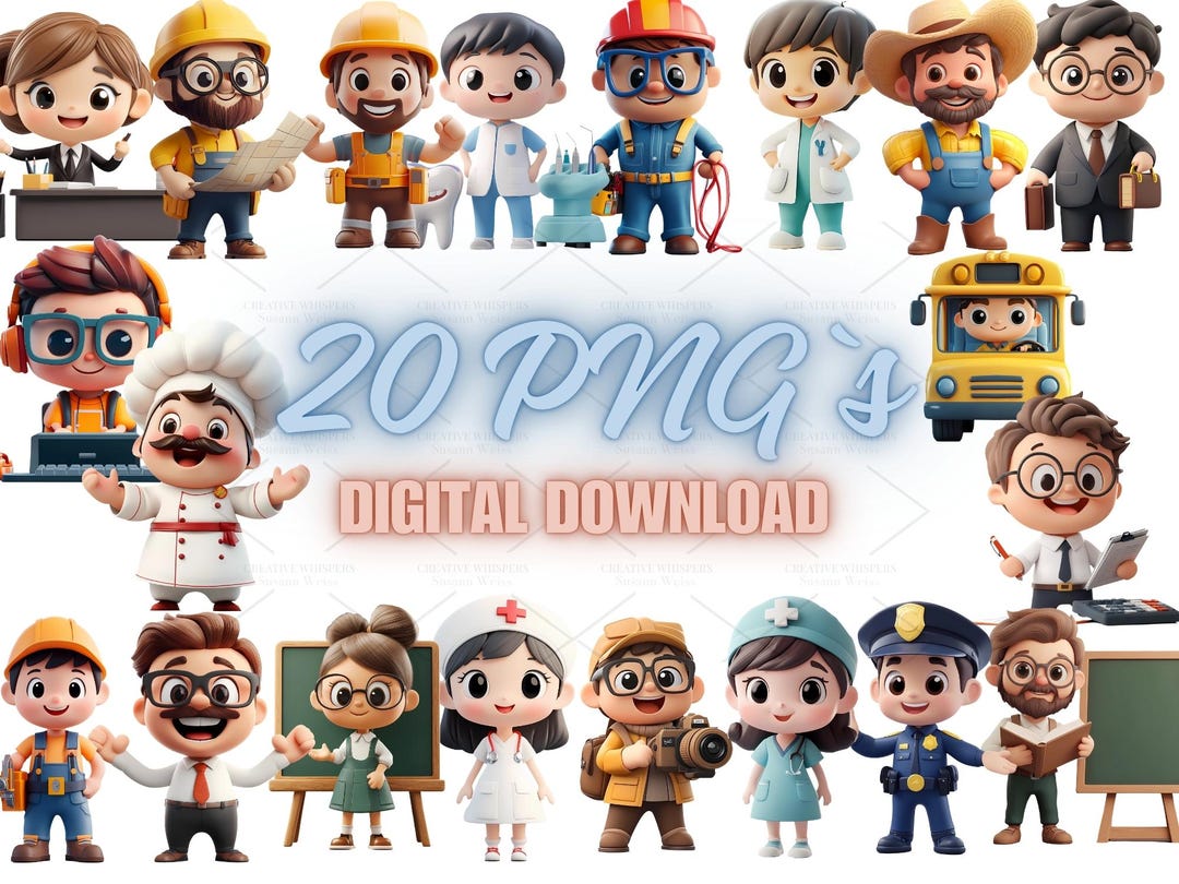20 3d Cute Job Worker Cartoon, Clipart Bundle- High Quality Pngs ...